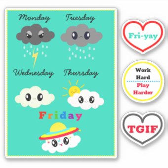 Cute Kawaii Celebrate Weekends TGIF Sticker Pack | Zazzle