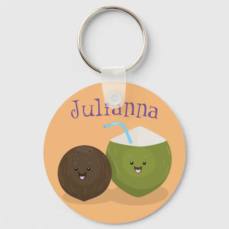 Cute kawaii coconut cartoon illustration keychain | Zazzle