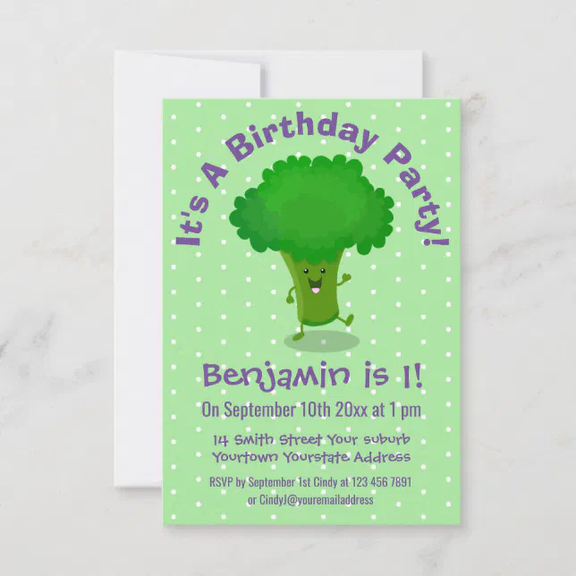 Cute kawaii dancing broccoli cartoon illustration invitation | Zazzle