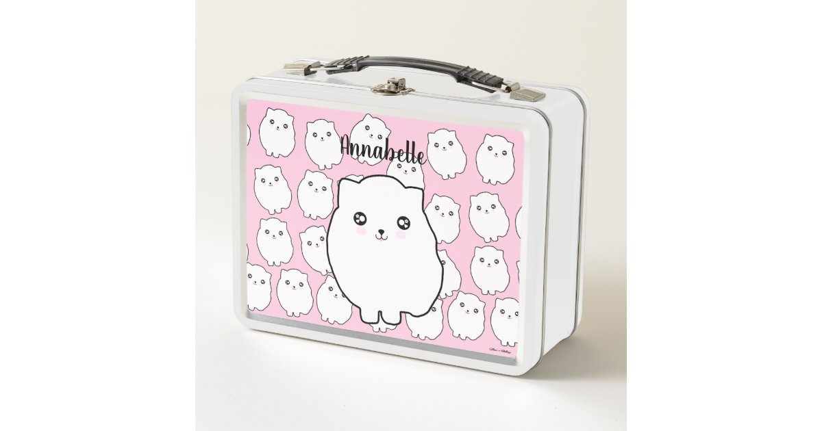 Cute kawaii dog/cat pet furball personalized pink metal lunch box | Zazzle