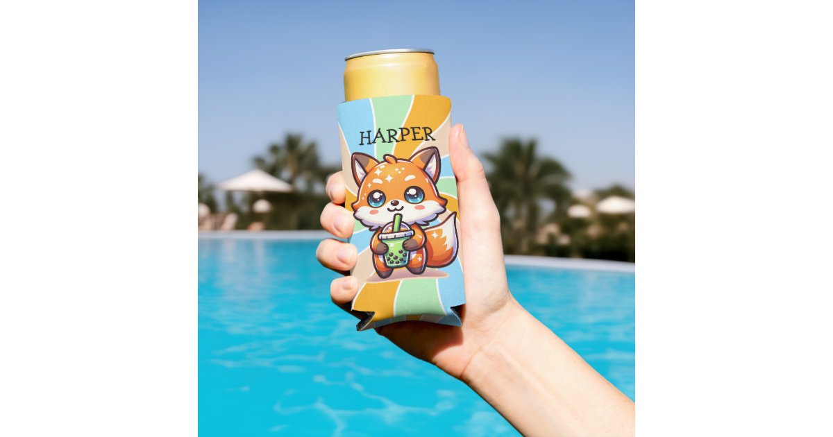Cute Kawaii Fox with Bubble Tea Personalized Seltzer Can Cooler | Zazzle