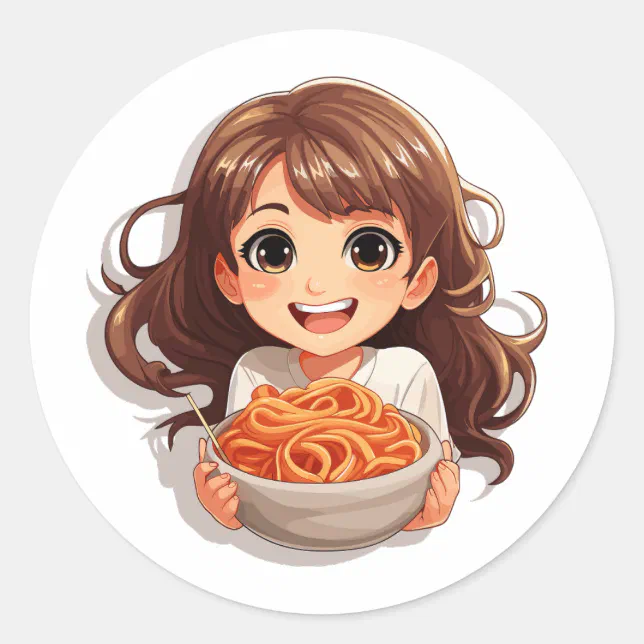 Cute Kawaii Girl Eating Spaghetti Classic Round Sticker | Zazzle