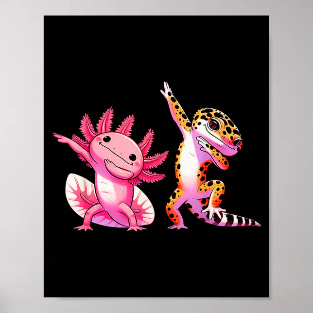 Cute Kawaii Leopard Gecko Dabbing Axolotl Friends Poster | Zazzle