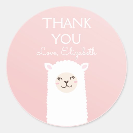 Cute Kawaii Llama Alpaca Elegant Pink Thank You Classic Round Sticker ...
