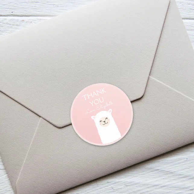 Cute Kawaii Llama Alpaca Elegant Pink Thank You Classic Round Sticker ...