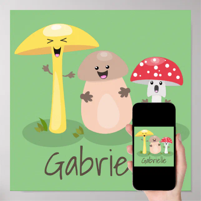 Cute kawaii mushroom fungi toadstool cartoon poster | Zazzle