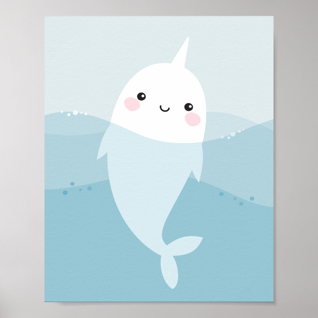 Cute kawaii narwhal swimming in soft blue waves poster | Zazzle
