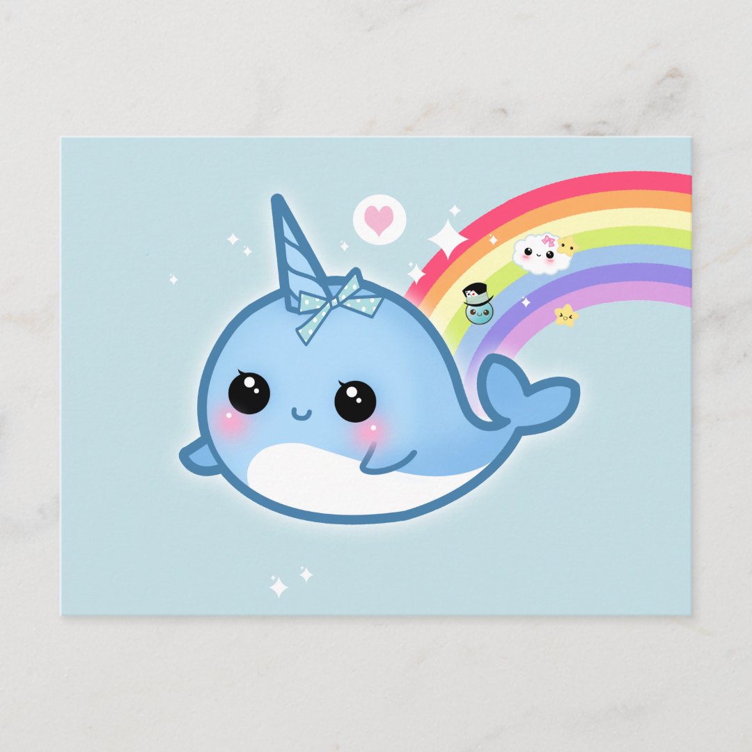 Cute kawaii narwhal with rainbow and sparkle stars postcard | Zazzle