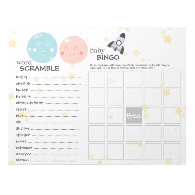 Cute Kawaii Planet Baby Gender Reveal Games Notepad | Zazzle