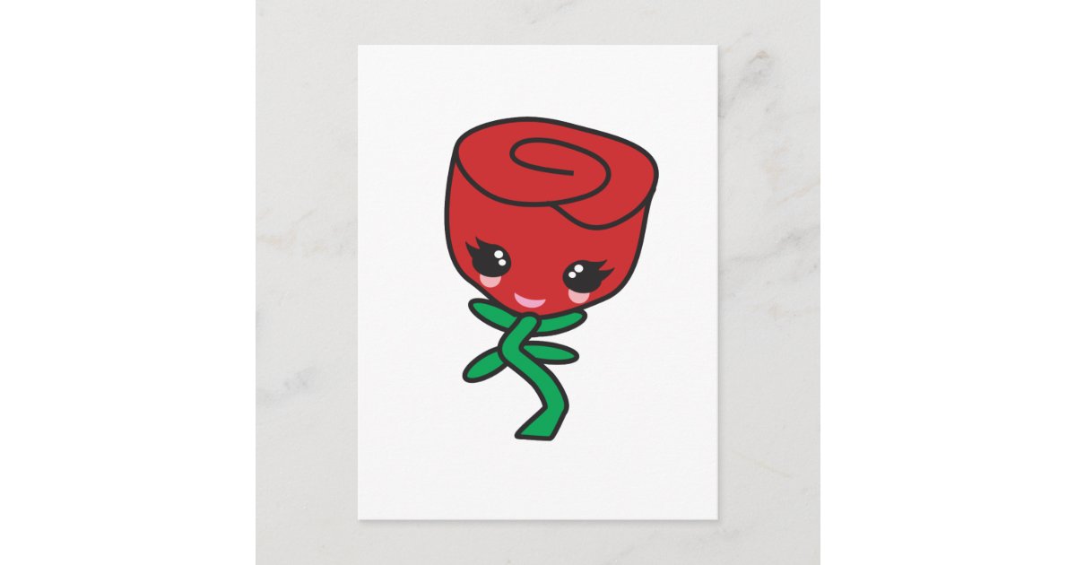 cute kawaii single red rose cartoon character postcard | Zazzle
