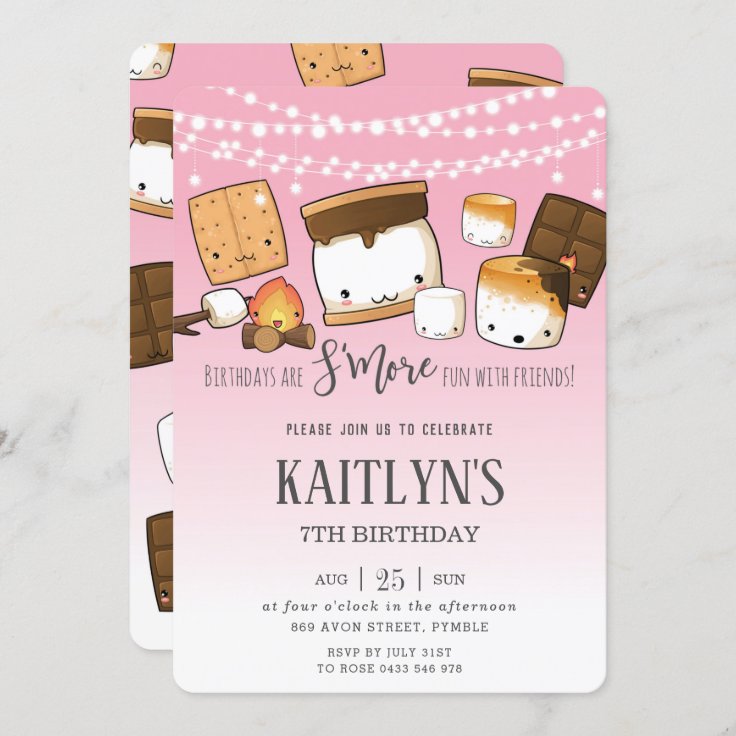 Cute Kawaii S'mores Camping Bonfire Birthday Party Invitation | Zazzle
