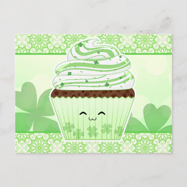 Cute kawaii St Patricks day cupcake Postcard | Zazzle