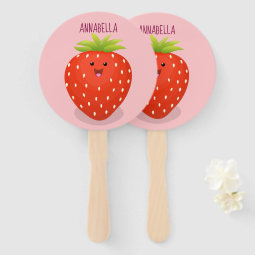 Cute kawaii strawberry cartoon illustration hand fan | Zazzle