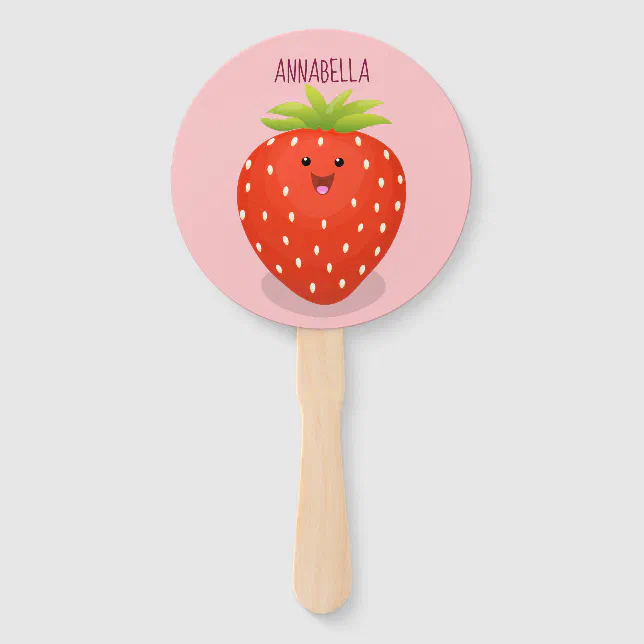 Cute kawaii strawberry cartoon illustration hand fan | Zazzle