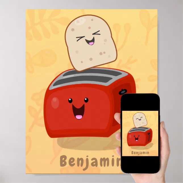 Cute kawaii toast and red toaster cartoon poster | Zazzle