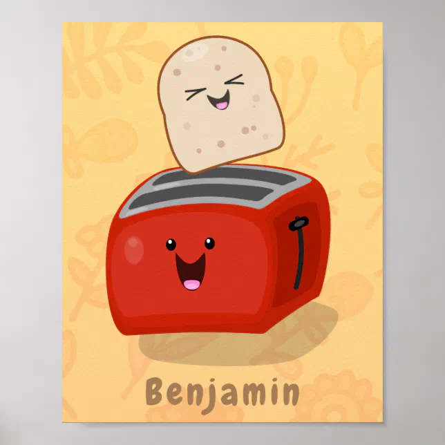 Cute kawaii toast and red toaster cartoon poster | Zazzle
