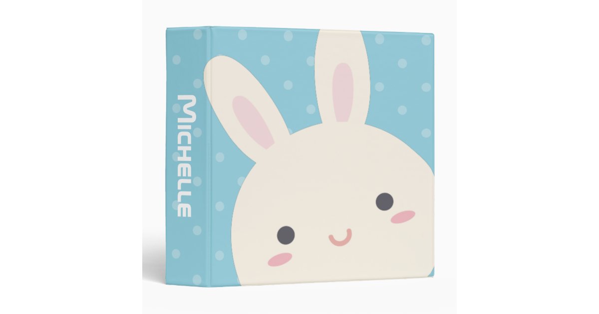 Cute Kawaii White Bunny Pastel Blue Polka Dot Kids 3 Ring Binder | Zazzle