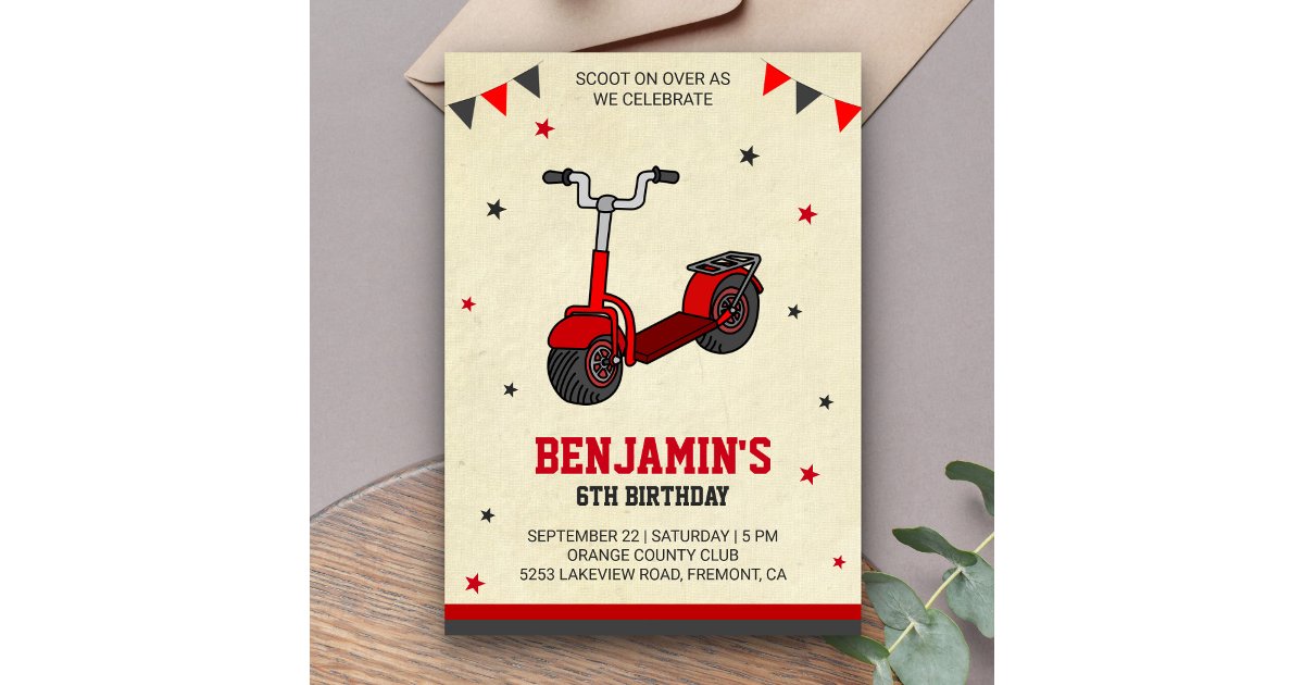 Cute Kick Scooter Kids Birthday Party Invitation | Zazzle