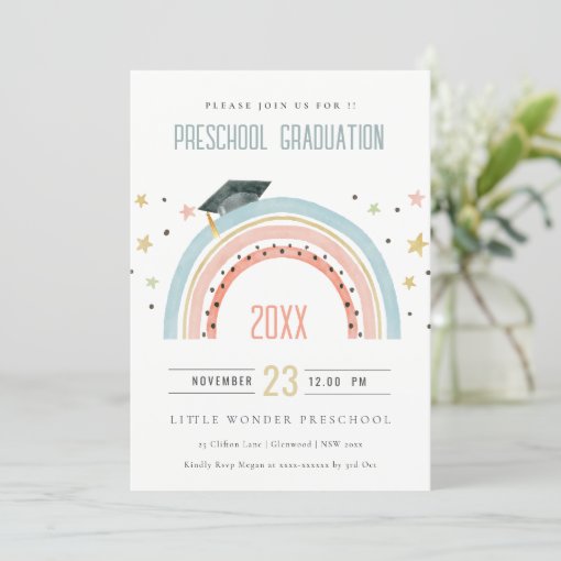 Cute Kids Boho Rainbow Stars Preschool Graduation Invitation | Zazzle