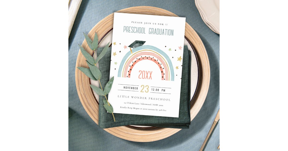 Cute Kids Boho Rainbow Stars Preschool Graduation Invitation | Zazzle
