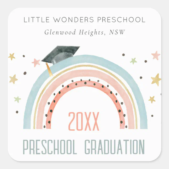 Cute Kids Boho Rainbow Stars Preschool Graduation Square Sticker | Zazzle