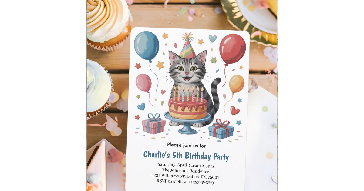 Cute Kids Cat Birthday Party Invitation | Zazzle