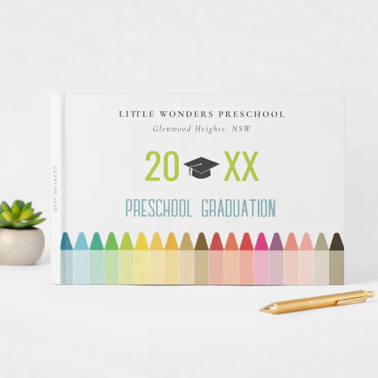Cute Kids Crayon Fun Rainbow Preschool Graduation Guest Book | Zazzle