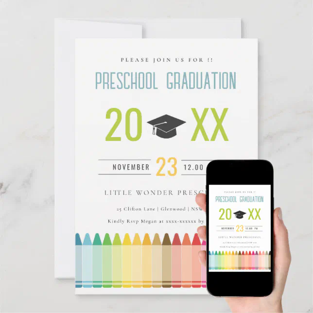 Cute Kids Crayon Fun Rainbow Preschool Graduation Invitation | Zazzle