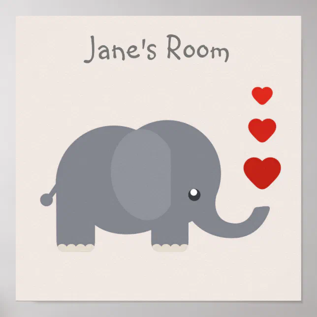 Cute kid's elephant with hearts customizable name poster | Zazzle
