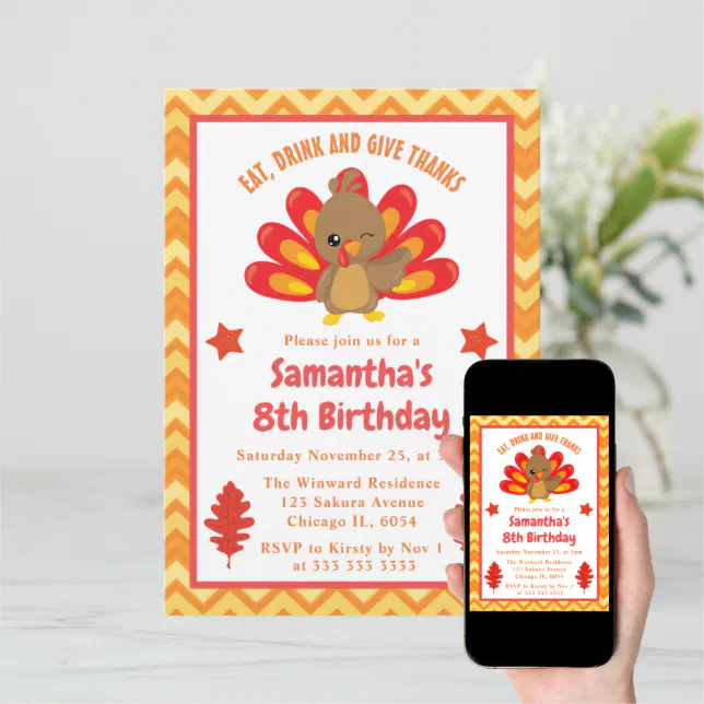 Cute Kids Fall Thanksgiving Turkey Birthday Invitation | Zazzle