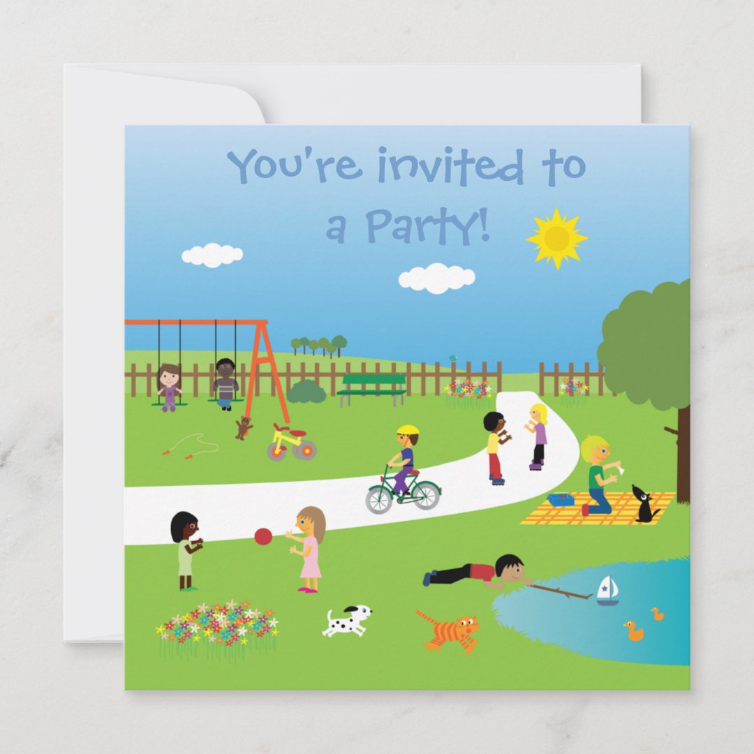 Cute Kids In The Park Colorful Customizable Party Invitation | Zazzle