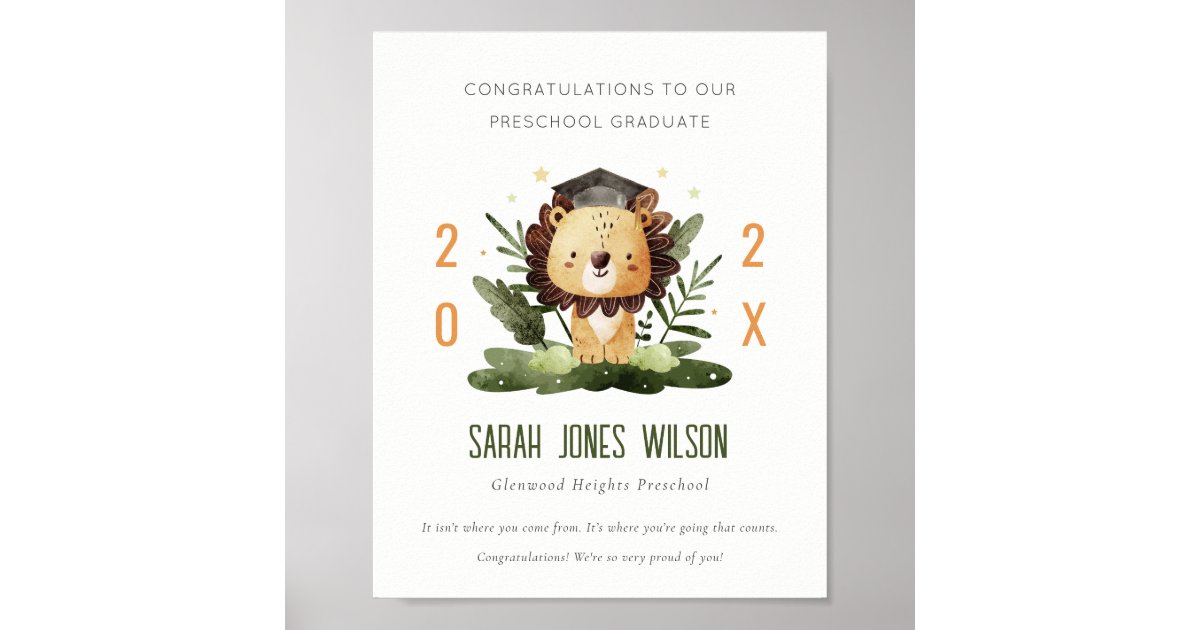 Cute Kids Lion Foliage Custom Preschool Graduation Poster | Zazzle