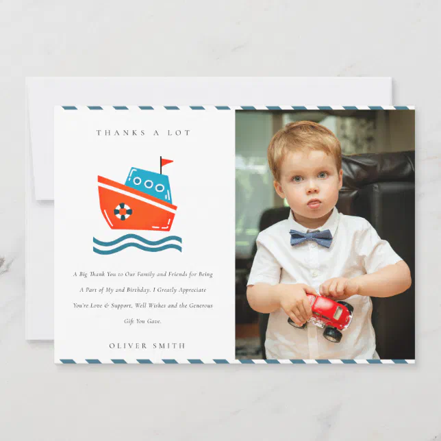 Cute Kids Nautical Boat Photo Any Age Birthday Thank You Card | Zazzle