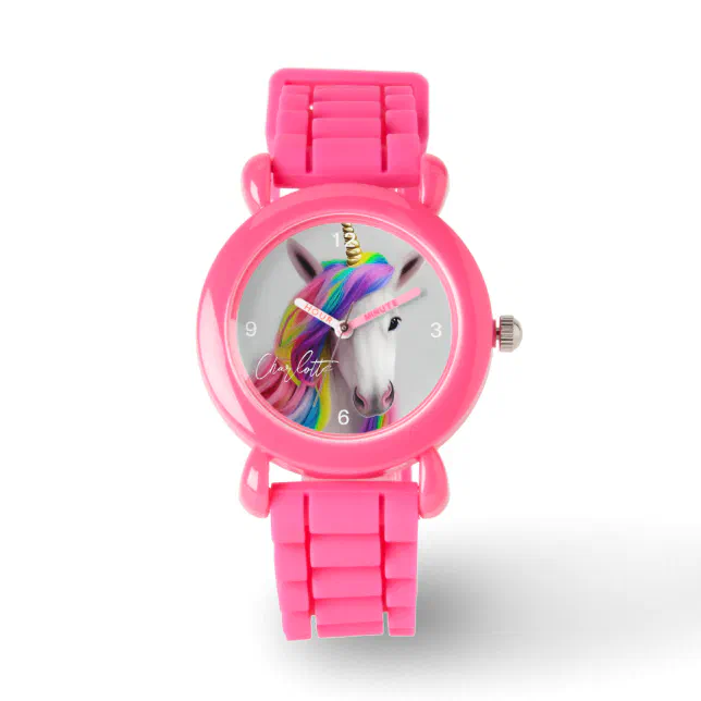 Cute Kids Pink Glitter Strap Unicorn Family Flying Watch | Zazzle