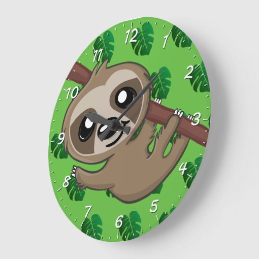 Cute Kids Sloth Cartoon Green Jungle Rainforest Large Clock | Zazzle