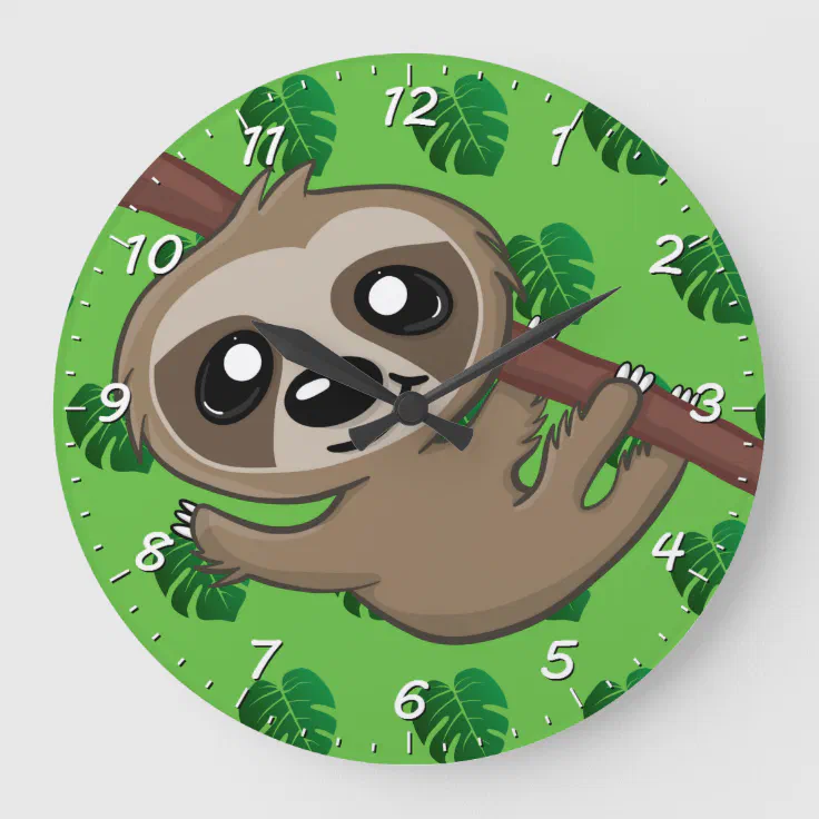 Cute Kids Sloth Cartoon Green Jungle Rainforest Large Clock | Zazzle