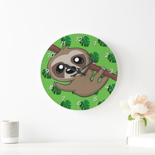 Cute Kids Sloth Cartoon Green Jungle Rainforest Large Clock | Zazzle