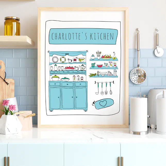 Cute Kitchen Playful Drawing Personalized Name Poster | Zazzle