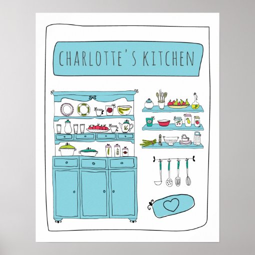 Cute Kitchen Playful Drawing Personalized Name Poster | Zazzle