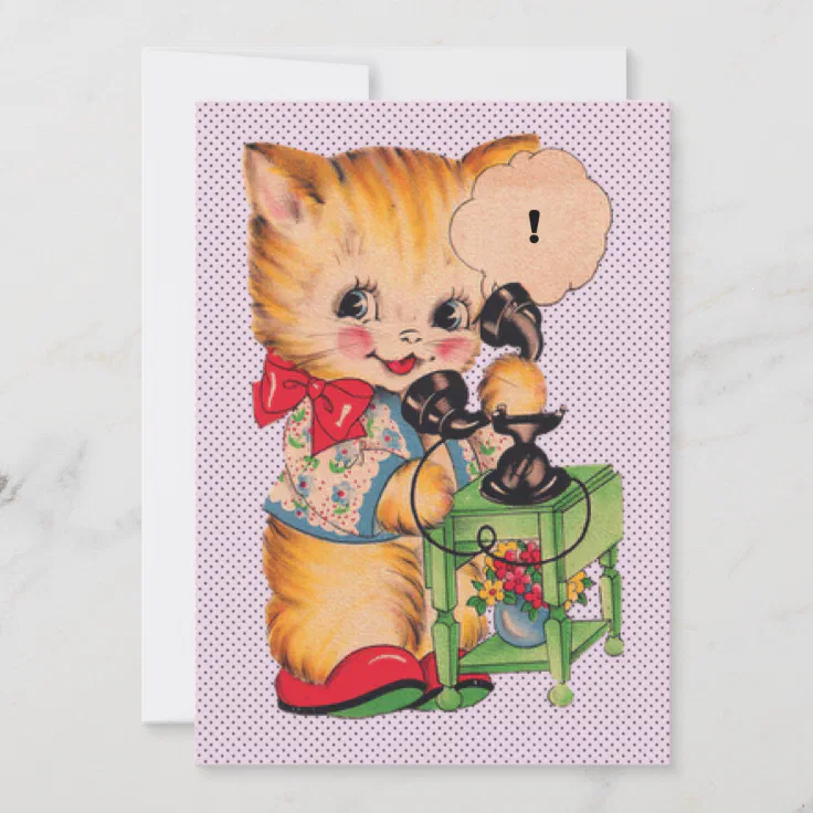Cute Kitsch Kawaii Cat with Telephone Print Thank You Card | Zazzle