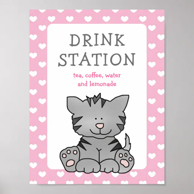 Cute Kitten and Hearts Drink Station Baby Shower Poster | Zazzle