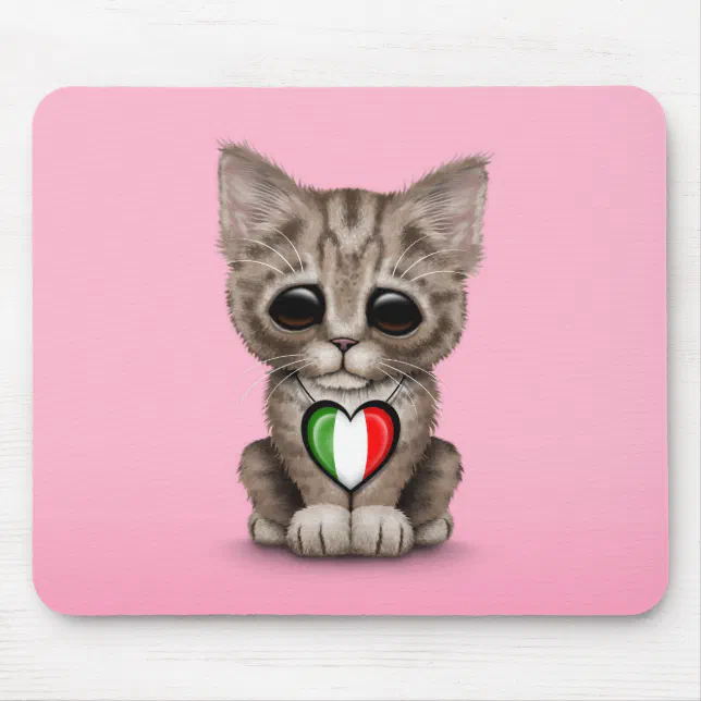 Cute Kitten Cat with Italian Flag Heart, pink Mouse Pad | Zazzle