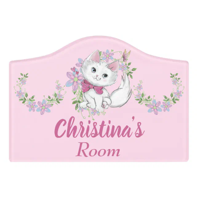 Cute Kitten & Flowers Pink Girls Room Personalized Door Sign | Zazzle