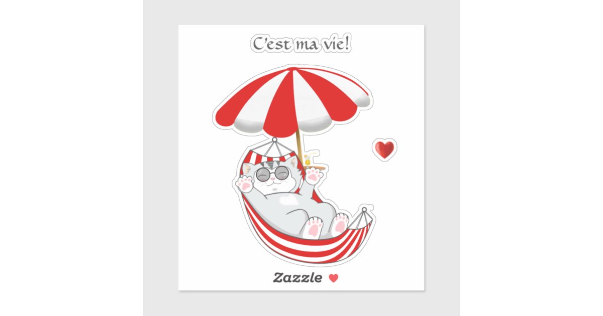 Cute Kitten in Red & White Hammock & Text Sticker | Zazzle
