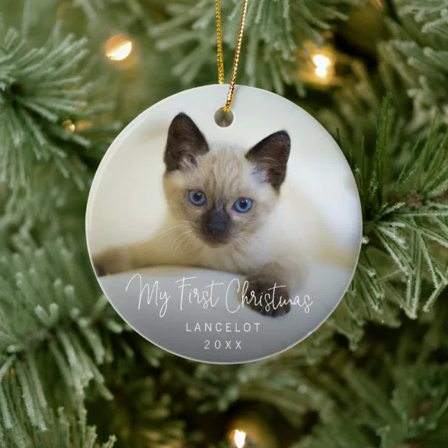 Cute Kitten Photo Cat First Christmas Ceramic Ornament | Zazzle