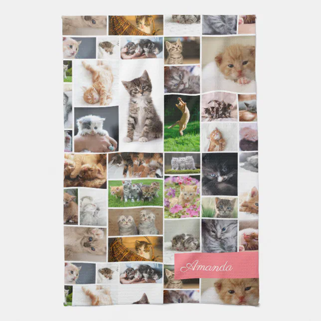 Cute Kitten Photo Montage Coral Pink Cat Pattern Kitchen Towel | Zazzle