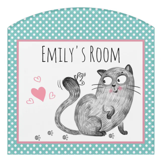 Cute Kitty, Butterfly, Polka Dots, Hearts Door Sign | Zazzle