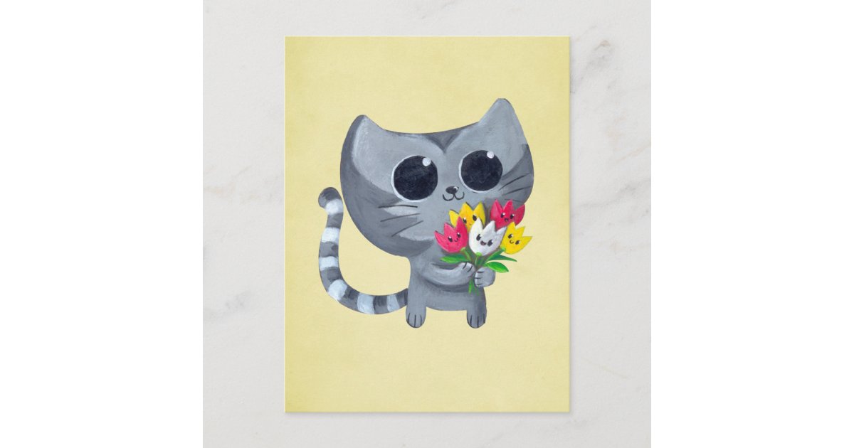 Cute Kitty Cat and flowers Postcard | Zazzle