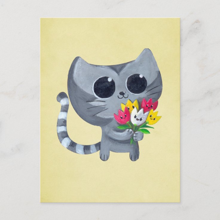 Cute Kitty Cat and flowers Postcard | Zazzle