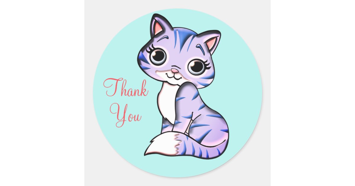 Cute kitty cat Thank You on light blue Classic Round Sticker | Zazzle